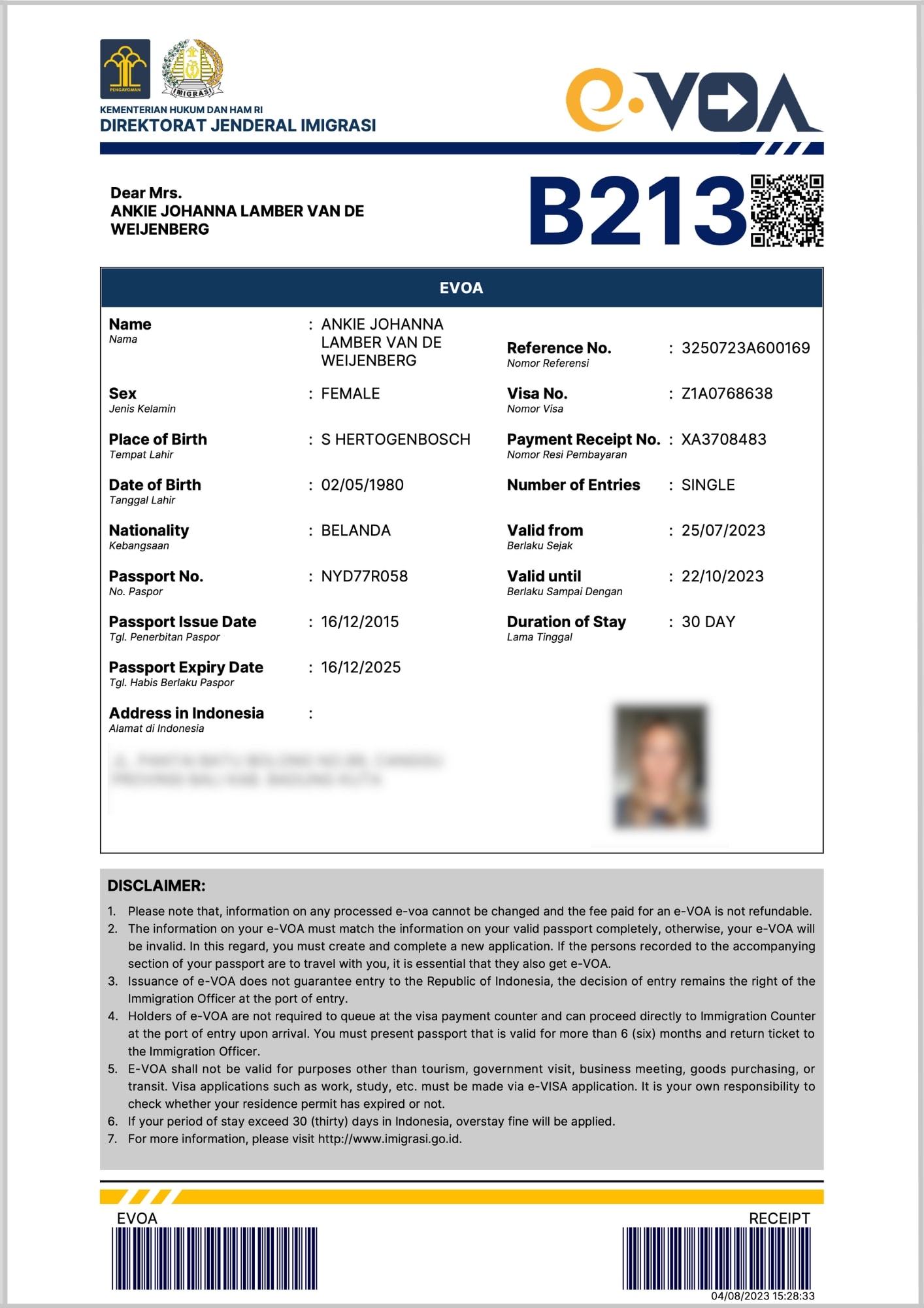 e-Visa On Arrival (Index B213) für 30-60 Tage